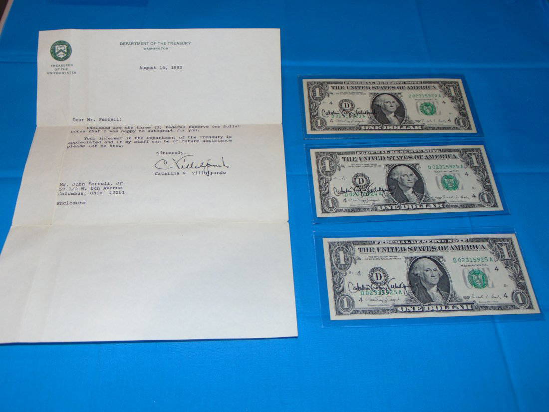 3 Consecutive 1988 $1 Federal Reserve Note Signed By Treasurer Catalina ...