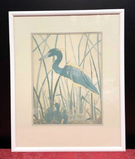 Heron & Babies Framed Signed Print By Dan Goad