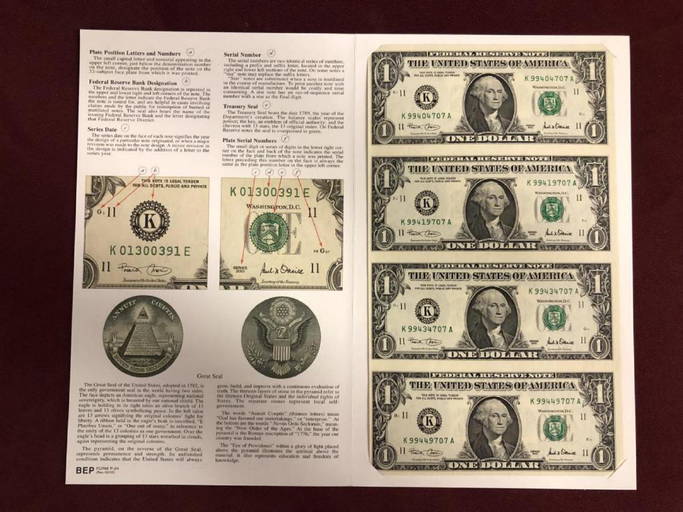 2001 $1 Frn Uncut Sheet Of 4 Currency Notes