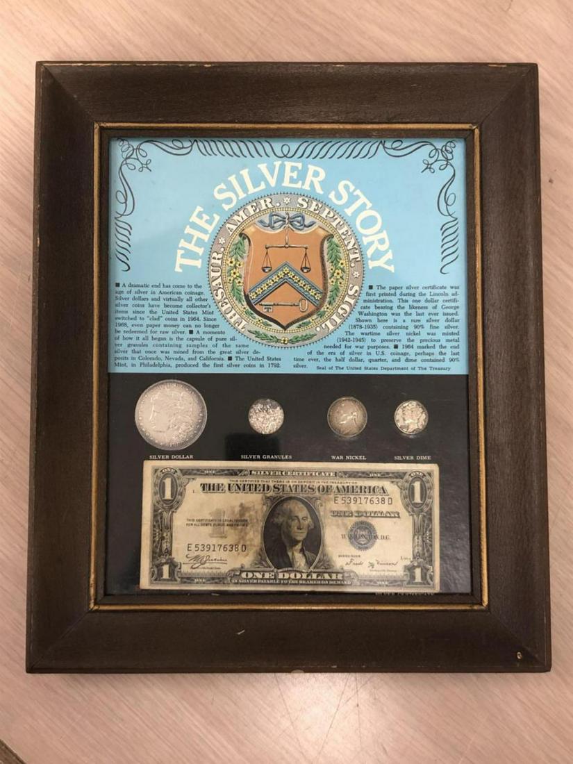 The Silver Story Coins And $1 Certificate Framed