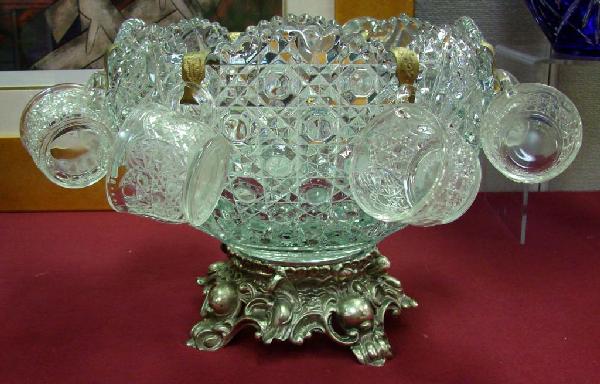 158: Antique Italian Cut Glass Punch Bowl, 11 cups, lad