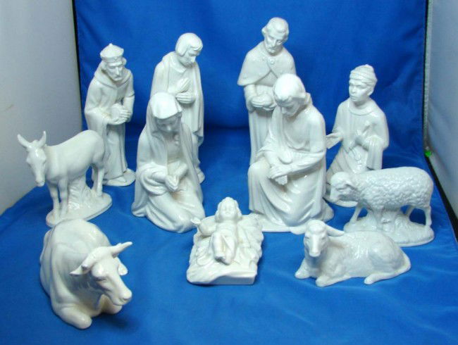 13: Dresden 10 pc. White Porcelain Nativity Set