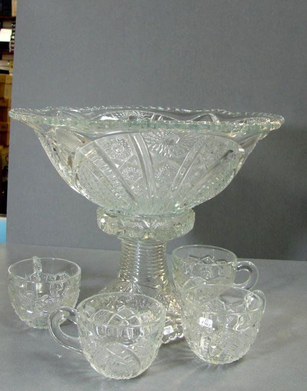 4: Vintage Pressed Glass Punch Bowl on Stand + 4 cups