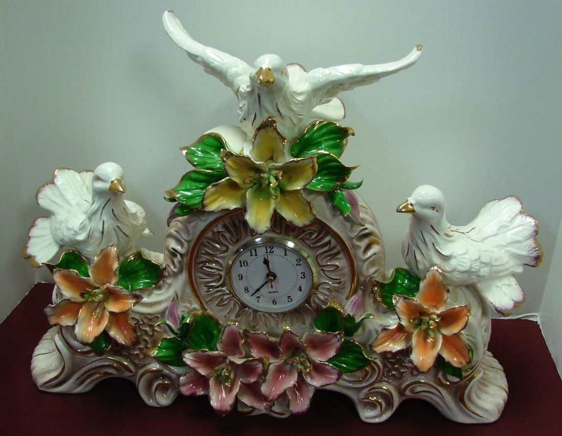 Capodimonte Mantle Clock with White Doves