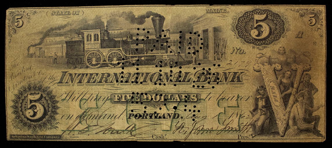 Maine. Fine Punch Canceled 1862 $5 Note
