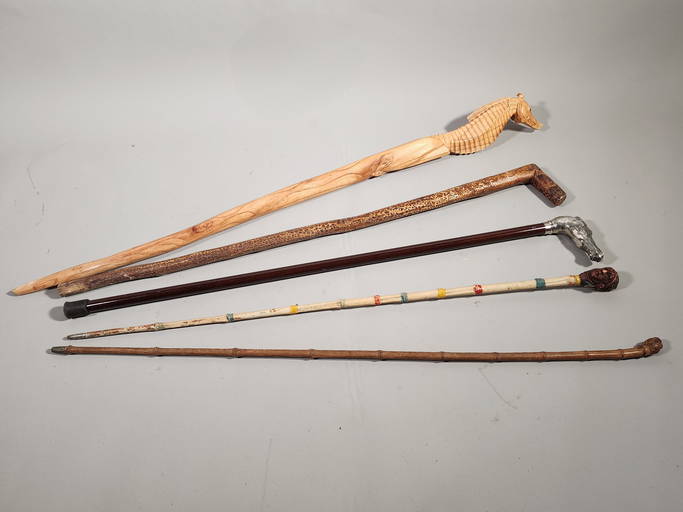 Four Walking Canes Including Carved Signed Seahorse, Signed And Native ...