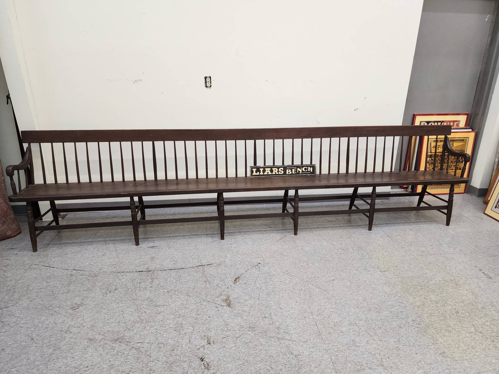 Extremely Long Wooden Bench With Sign "liar's Bench" Auction