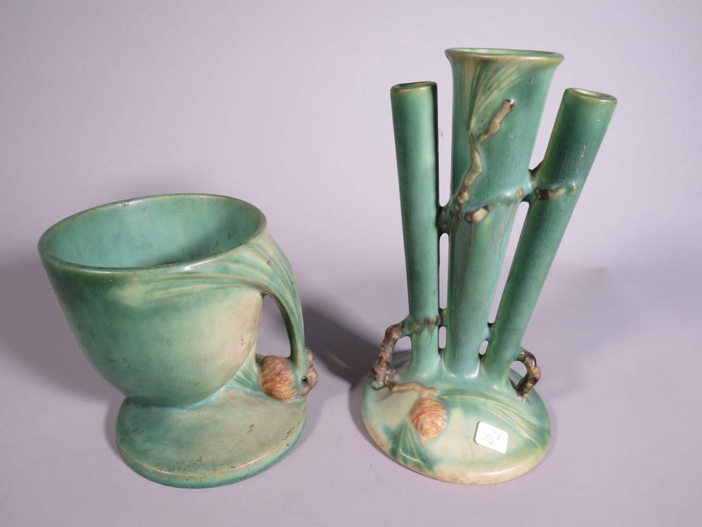 Roseville "pinecone" Triple Bud Vase And Single Auction