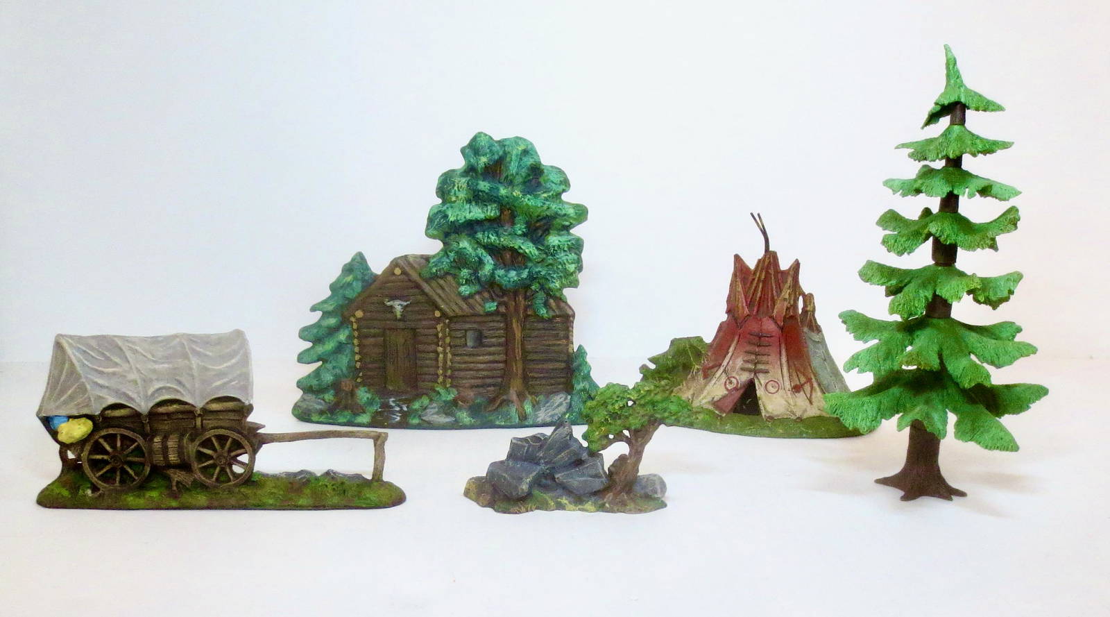 Western Log Cabin, Teepee, Covered Wagon & Trees Auction