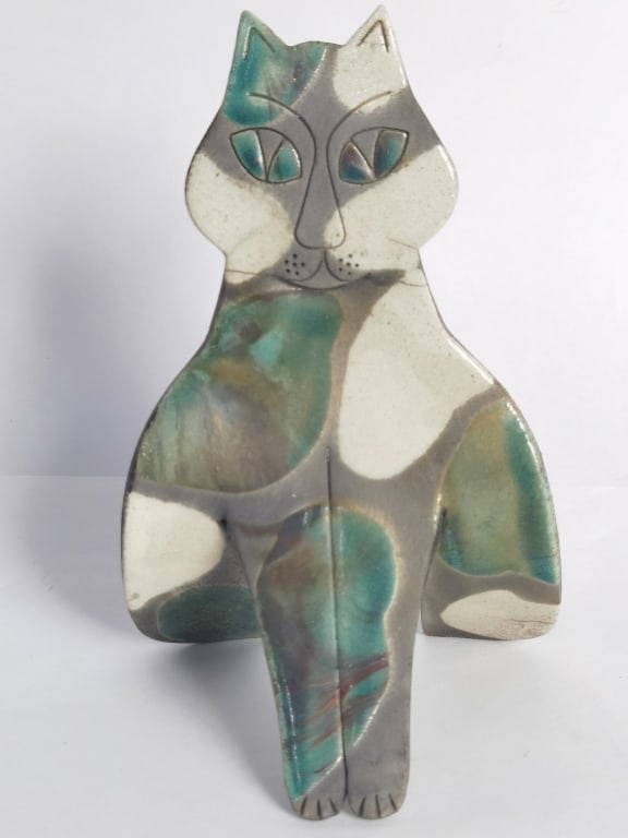 Vintage Studio Pottery Raku Cat Figurine, Signed V Auction