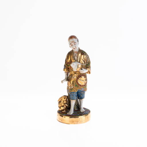 Japanese Meiji Satsuma Pottery Figure Man With Rabbits