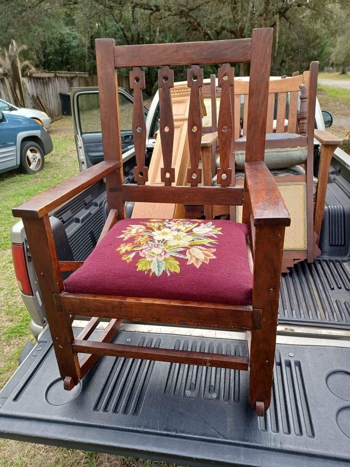 Vintage Mission Oak Rocker W/ Needle Point Seat Auction