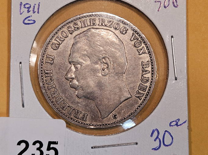 1911 G German States Baden Silver 3 Marks