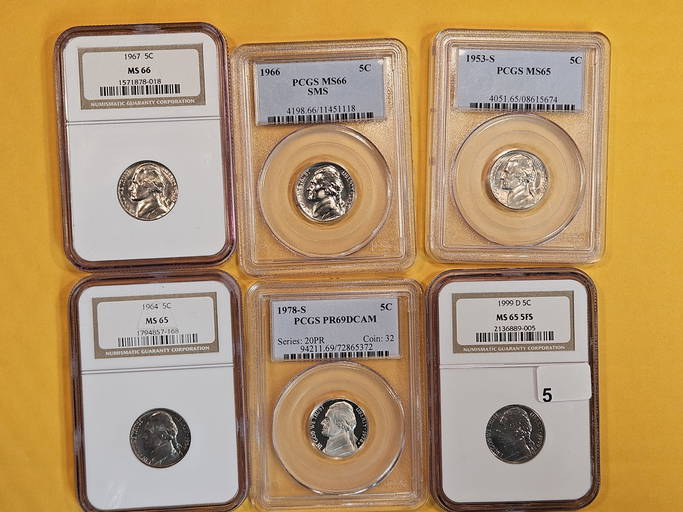 Six Gem, Pcgs And Ngc Graded Jefferson Nickels