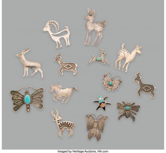 Fourteen Southwest Pins C. 1950 1970 Silver,