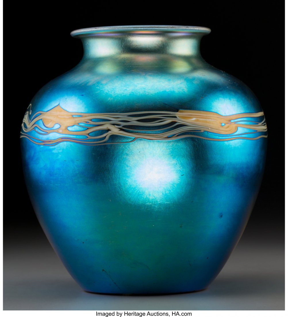 79050: Steuben Blue Aurene Glass Vase Circa 1915. Ht. 8