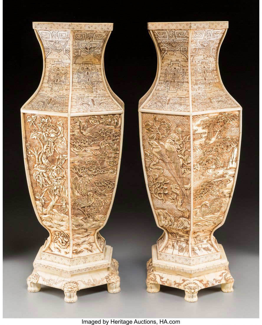 61852: A Pair of Chinese Carved Bone Hexagonal Vases on