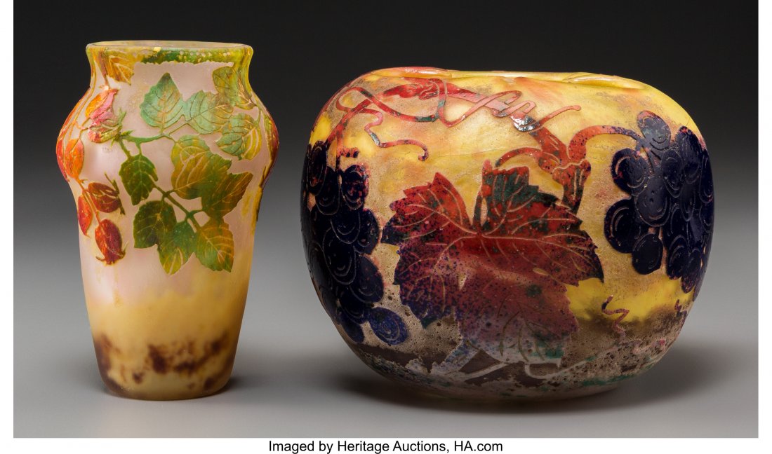 79144: Two Daum Vitrified Overlay Mottled Glass Vases C