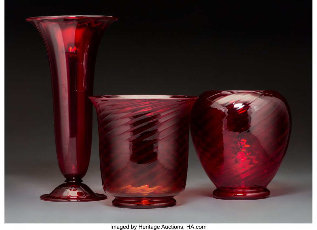 79269: Three Steuben Red Selenium Glass Vases Circa 192