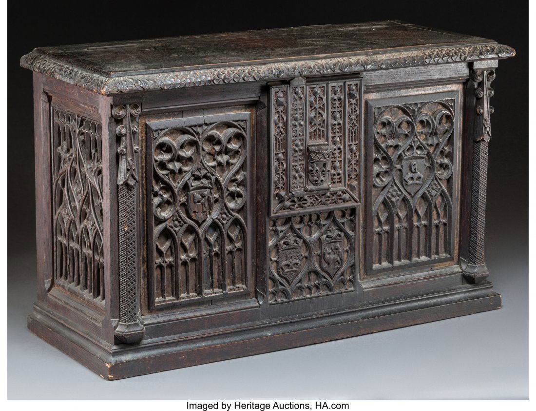 61078: A Gothic-Style Oak Chest, 19th century in part 1