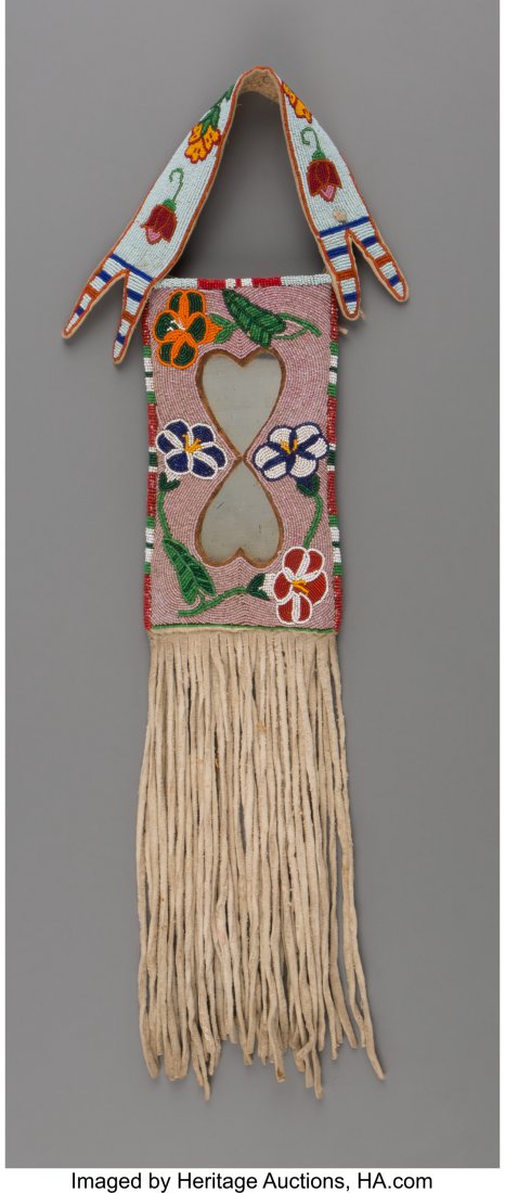 70256: A Crow Beaded Hide Mirror Bag c. 1930 hide, gl