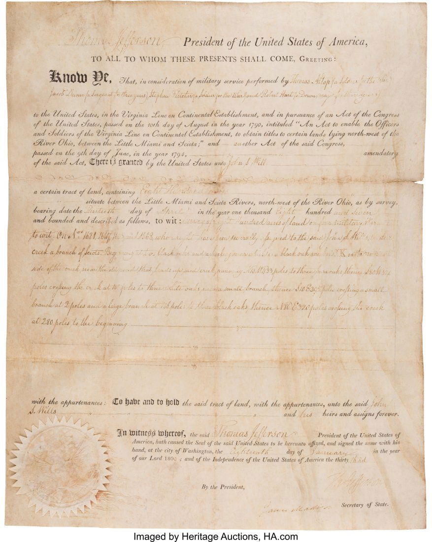 47092: Thomas Jefferson Document Signed "Th. Jefferson"