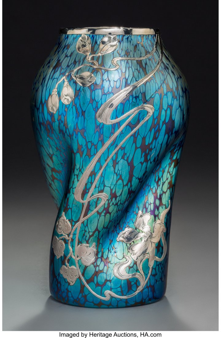 A Loetz Blue Iridescent Glass Vase with Silver Overlay,