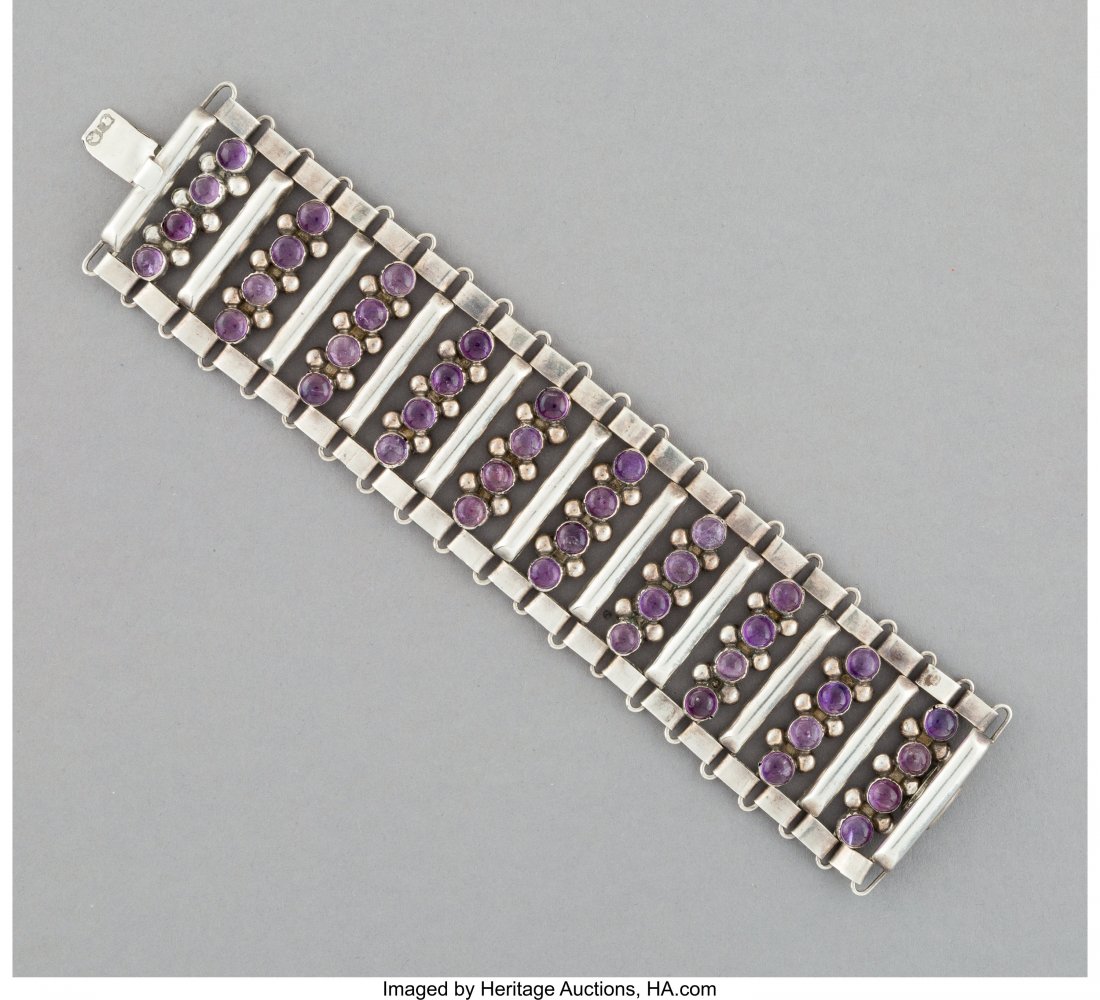 A Fred Davis Amethyst and Silver Bracelet Marks: