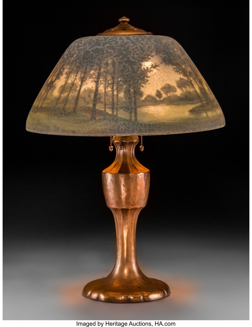A Handel Reverse-Painted Glass Table Lamp on Coppered