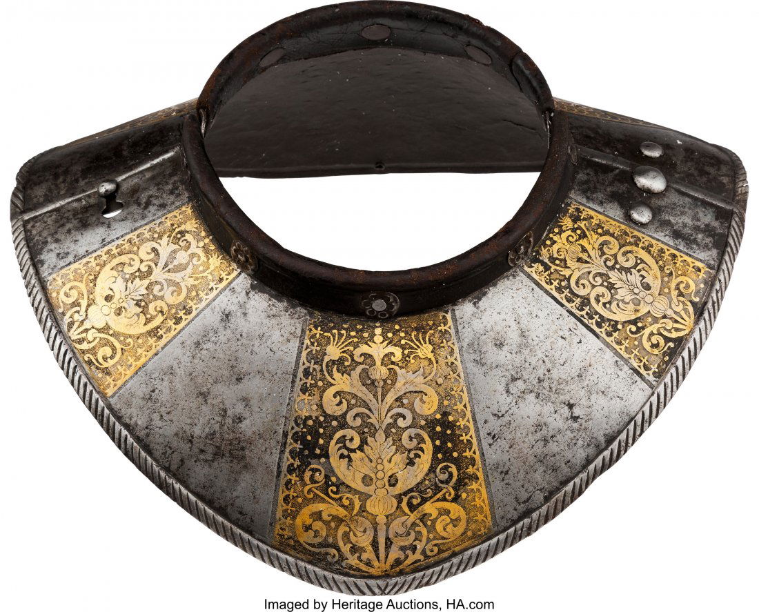 40005: Etched and Gilded Gorget with Leather Trim, 16th