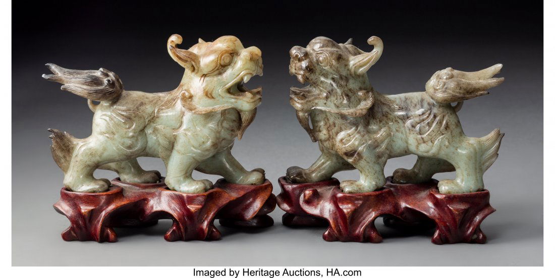 78454: A Pair of Carved Jade Qilin 4-1/2 x 5 x 2 inches