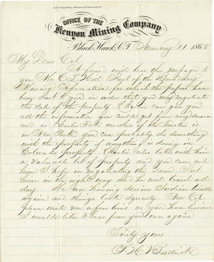 Black Hawk Colorado Territory Mining Letter 1865