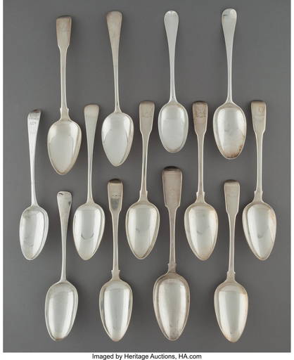 Fourteen British Silver Tablespoons, Circa 1714