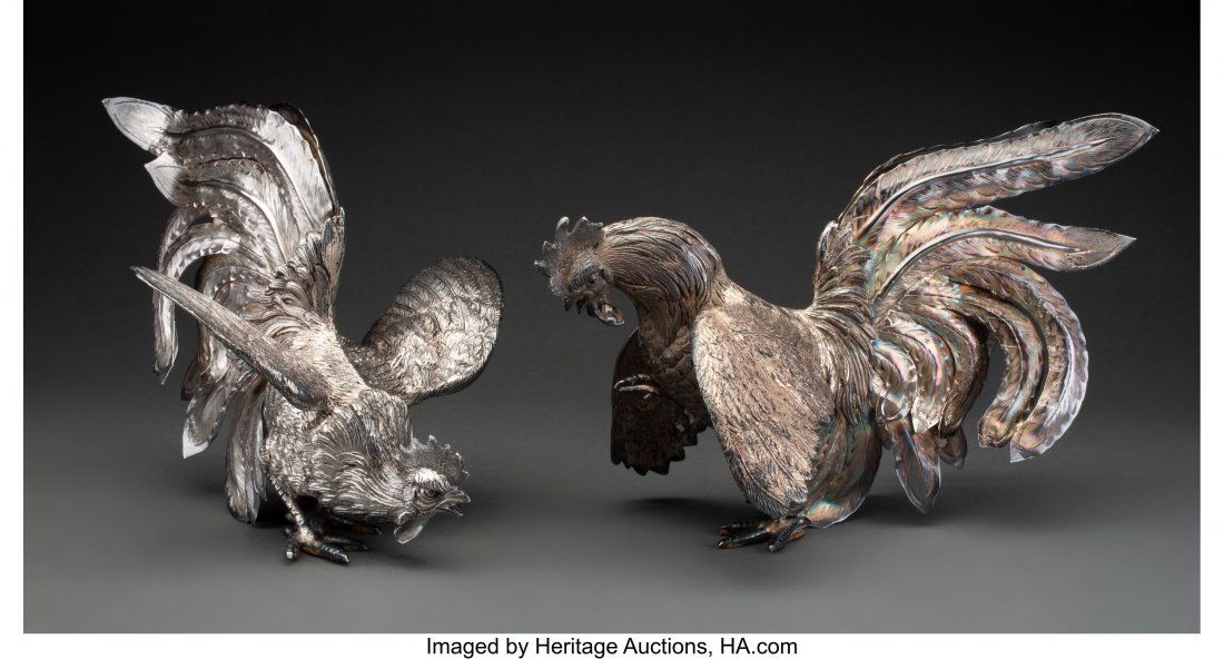 A Pair Of Camusso Silver Fighting Roosters, Lima