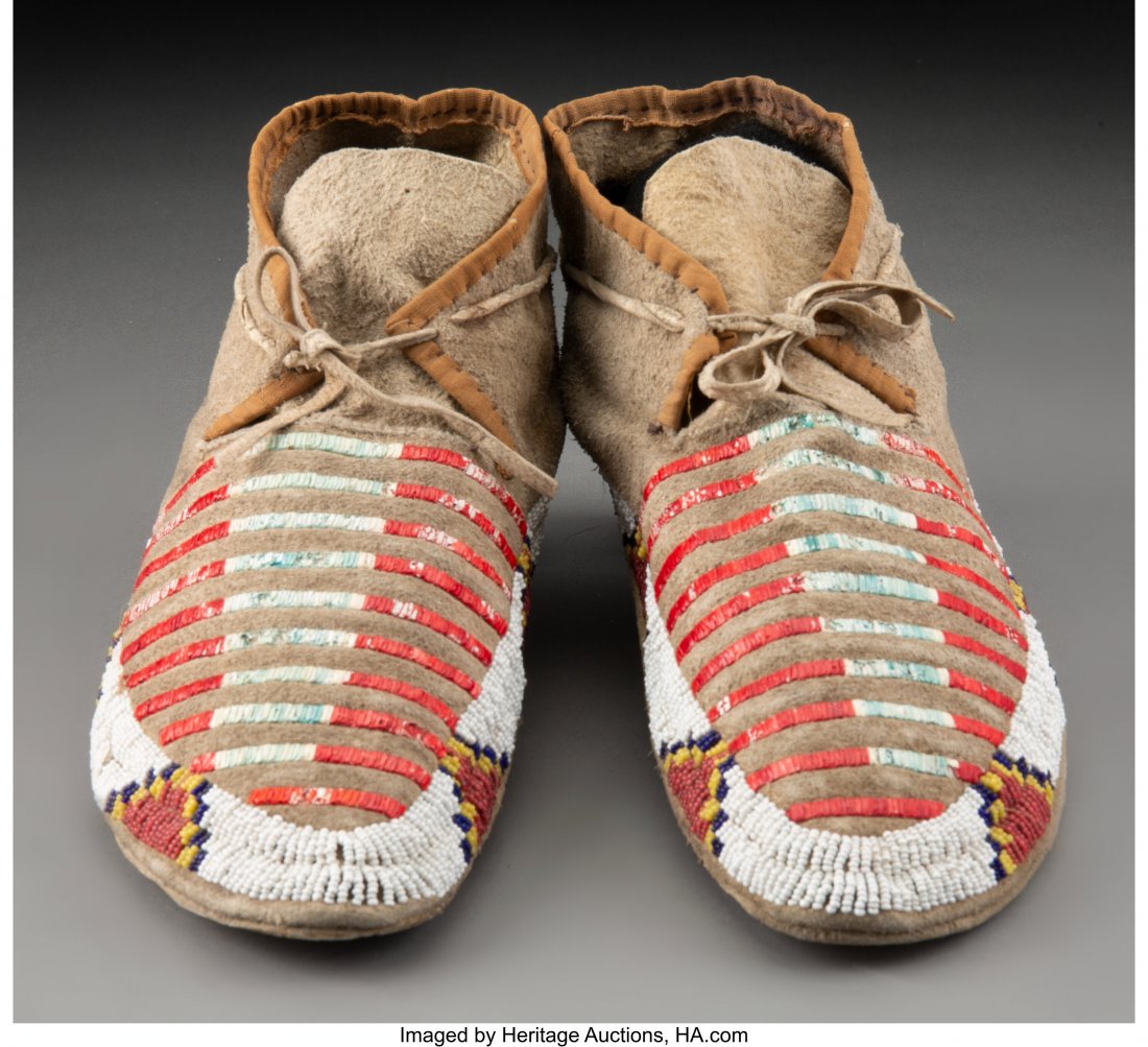 A Pair Of Sioux Beaded And Quilled Hide Moccasin