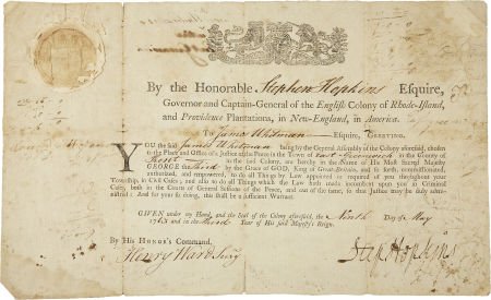 35028: Stephen Hopkins Document Signed "Step. Hopkins"