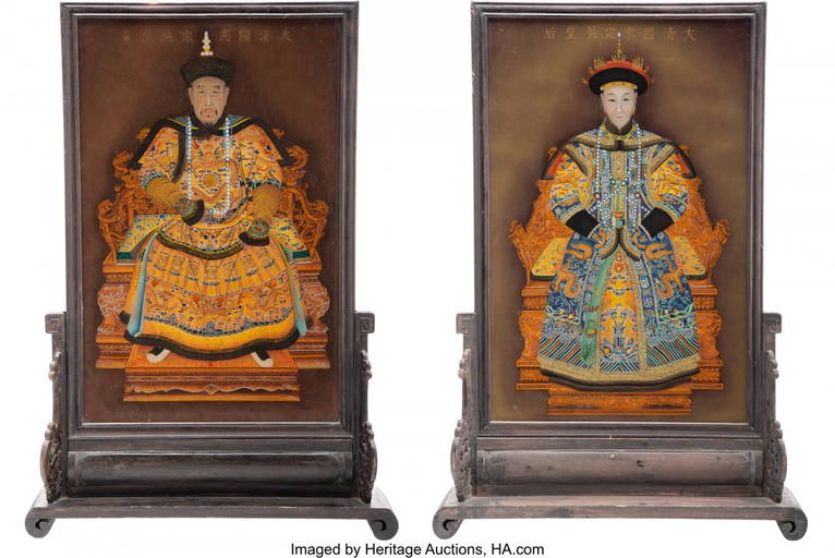 A Pair Of Chinese Reverse Painted Glass Screens