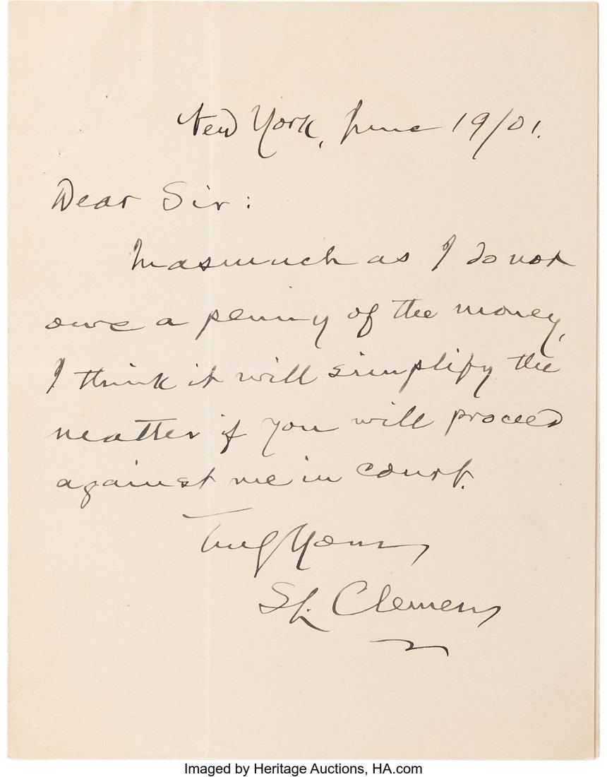 For Auction: 47300: Samuel Clemens Autograph Letter Signed. One pag ...