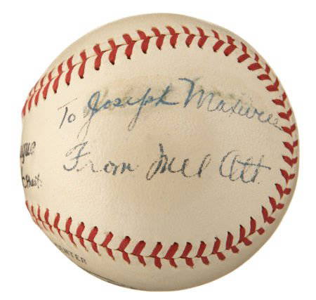 1940's Mel Ott Single Signed Baseball.