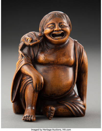A Japanese Carved Wood Liu Hai And Toad Netsuke,