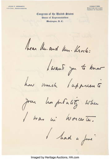 47146: John F. Kennedy Autograph Letter Signed. One pa - Nov 06, 2021 ...