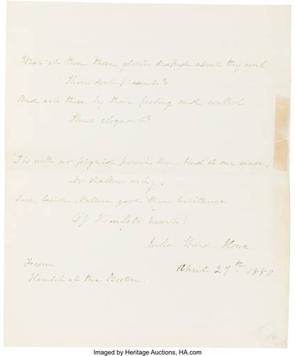 47142: Julia Ward Howe Autograph "hamlet At The Boston"