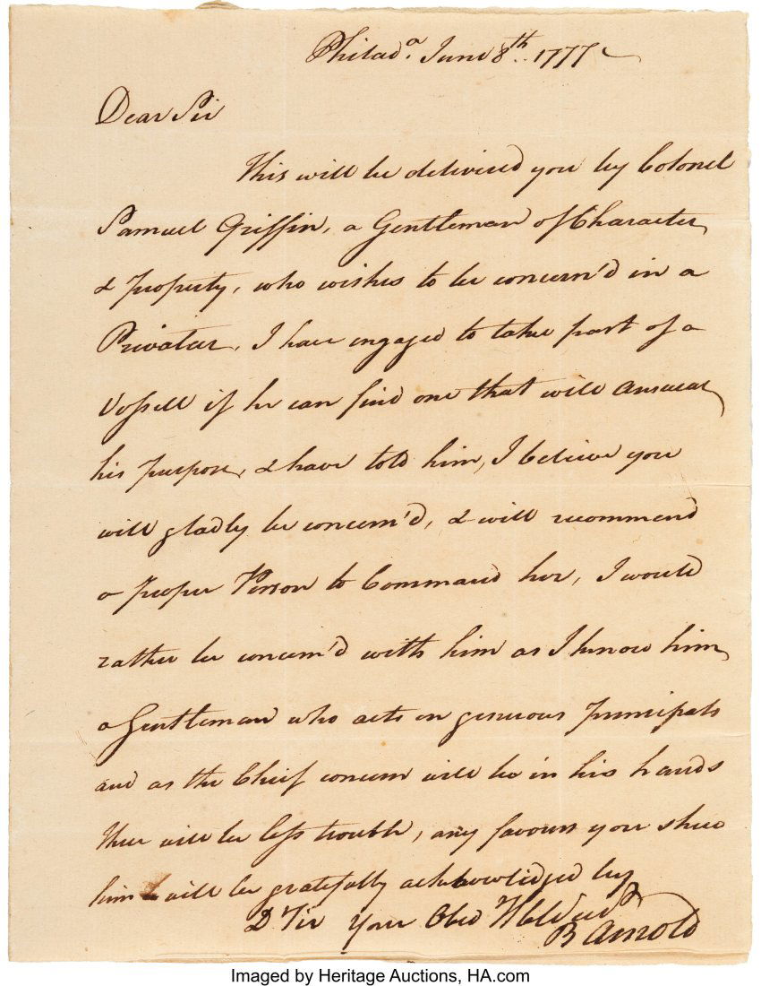 60054: Benedict Arnold Autograph Letter Signed ("b. Arn