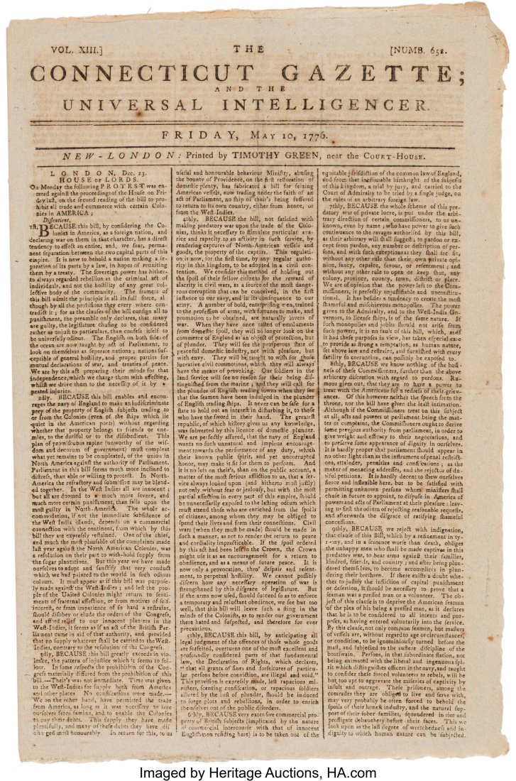 60175: [revolutionary War Era Newspaper]. The Connectic