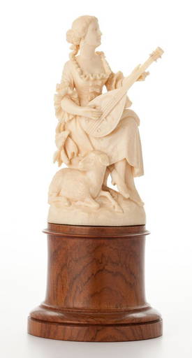 Continental Carved Ivory Lute Player On Wood Ped
