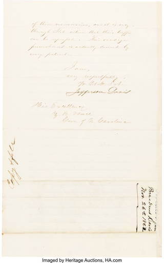 60215: [Civil War]. Jefferson Davis Letter Signed ("Jef (#60215) on Nov ...