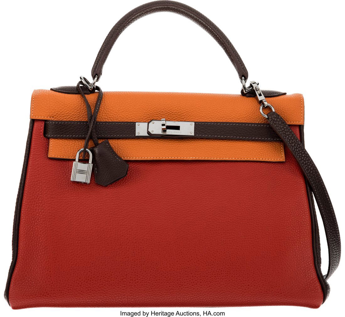 58160: Hermes 32cm Tri Color Rouge Vif, Orange, And Ebe