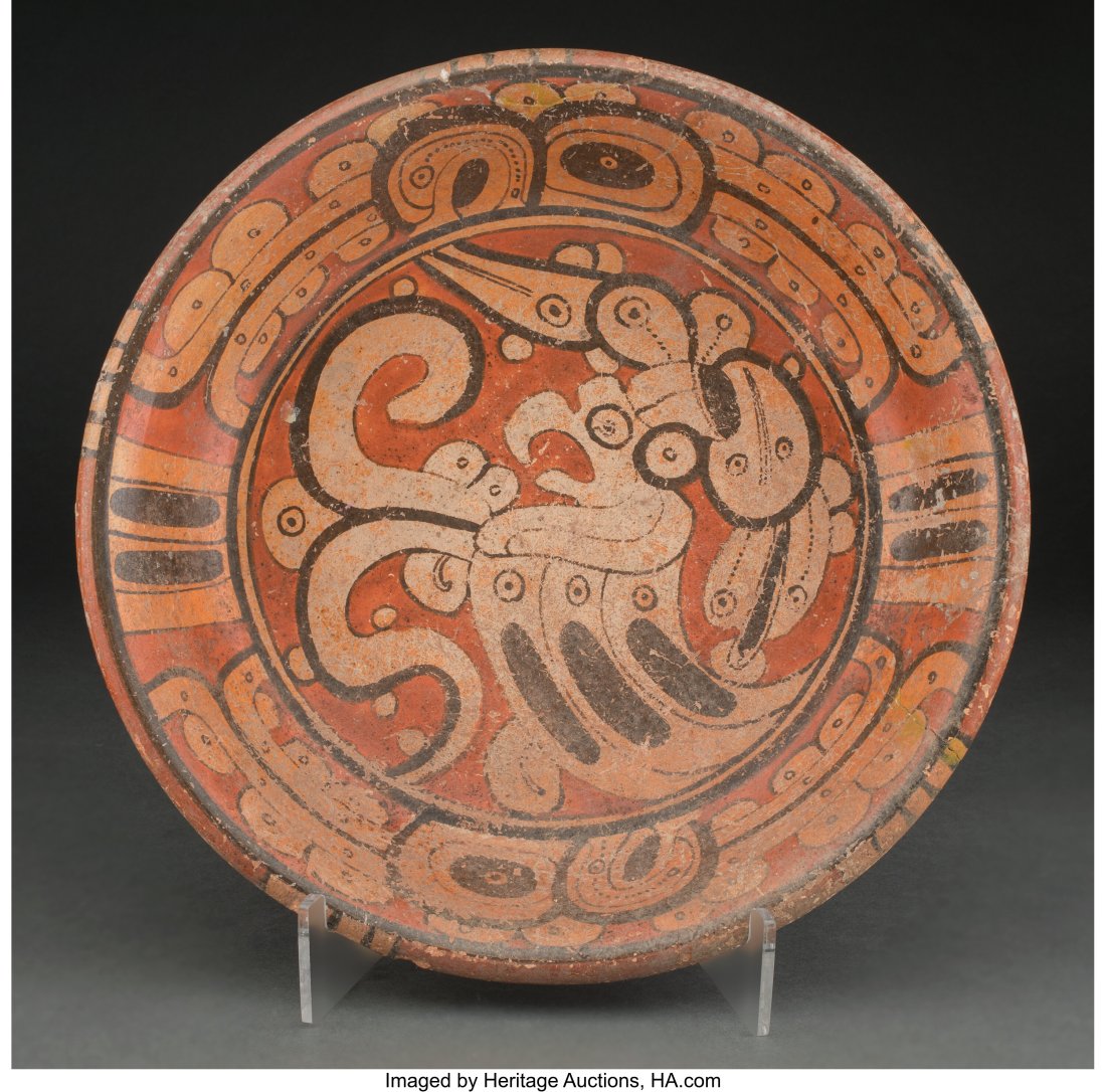 70348: A Large Maya Tripod Plate Mesoamerica, Late Cla Auction