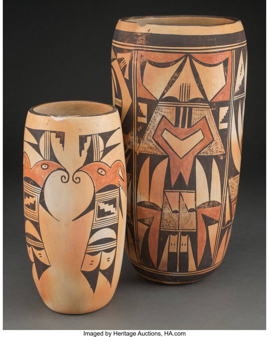 70157: Two Hopi Polychrome Cylinder Vases C. 1940 Cla Auction