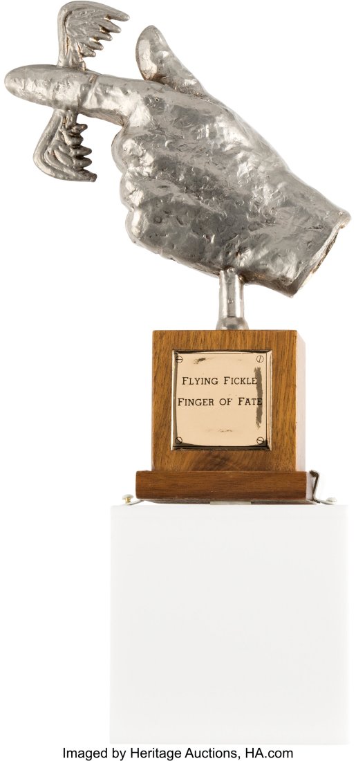 89206: "flying Fickle Finger Of Fate" Award On Wood Bas Auction